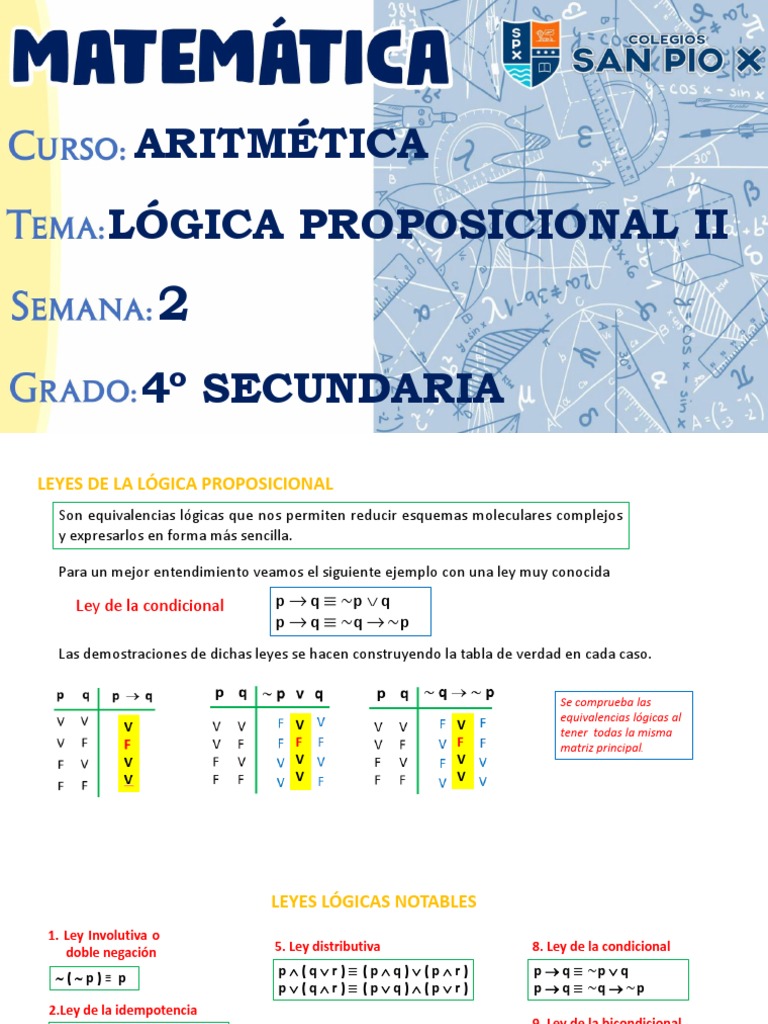 I UNIDAD 4TO SEC. ARITMÉTICA. Semana 2 - LÓGICA PROPOSICIONAL II | PDF ...