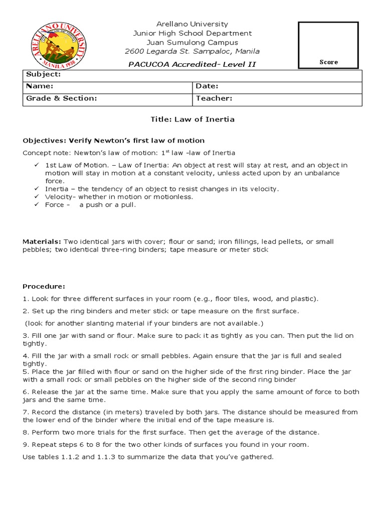 Law of Inertia Experiment Guide | PDF | Force | Inertia