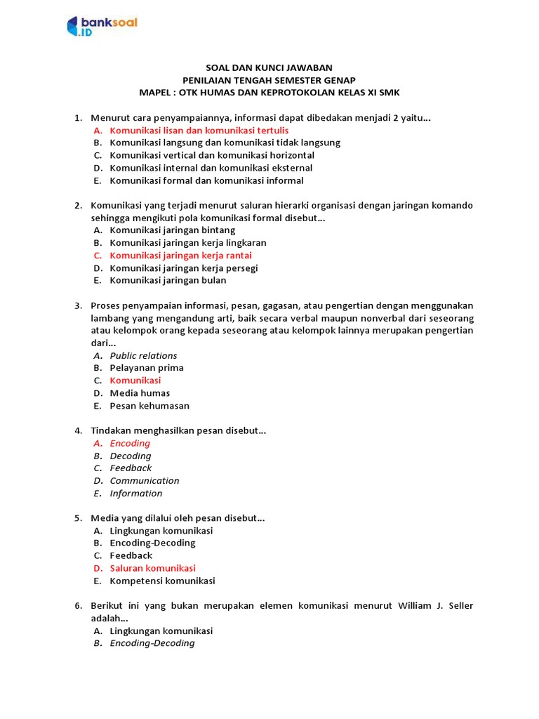 Soal & Kunci PTS Otk Humas Dan Keprotokolan Kelas Xi Semester 2 2022 | PDF
