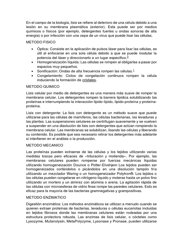 Métodos de Lisis Celular en Biología | PDF | Lisis | Biología Celular)