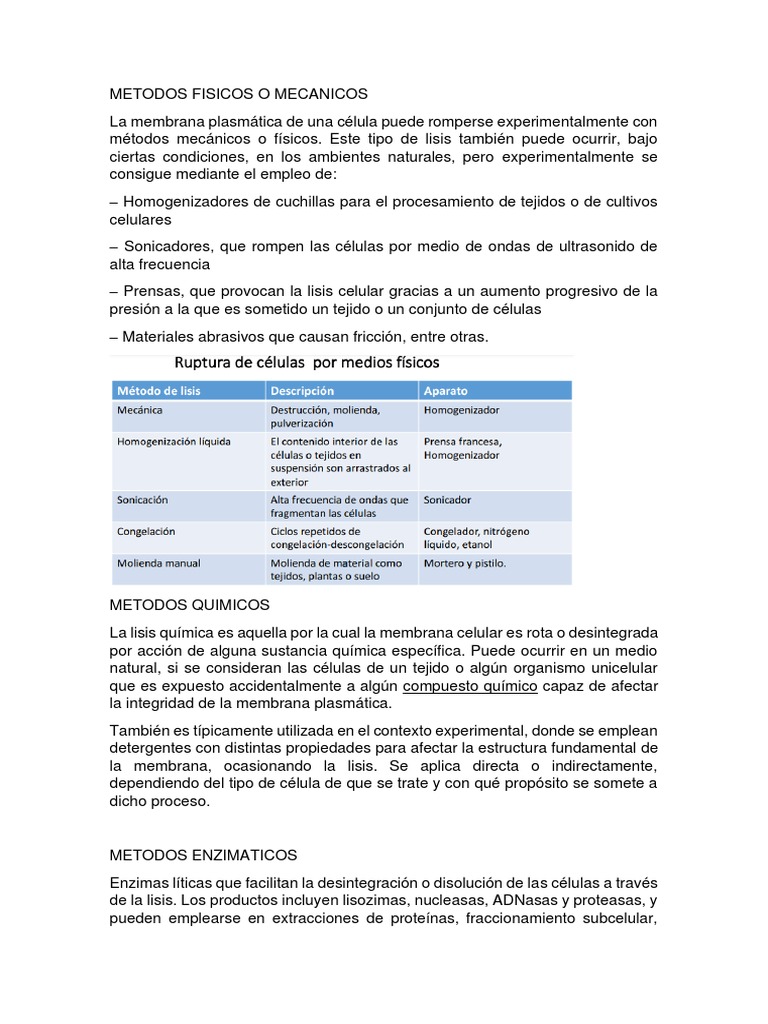 Métodos de Lisis Celular: Físicos, Químicos y Enzimáticos | PDF