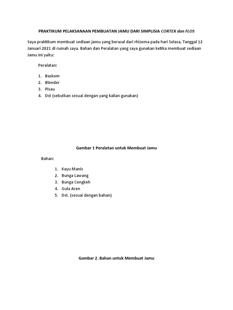 PRAKTIKUM PELAKSANAAN PEMBUATAN JAMU DARI SIMPLISIA CORTEX Dan FLOS | PDF