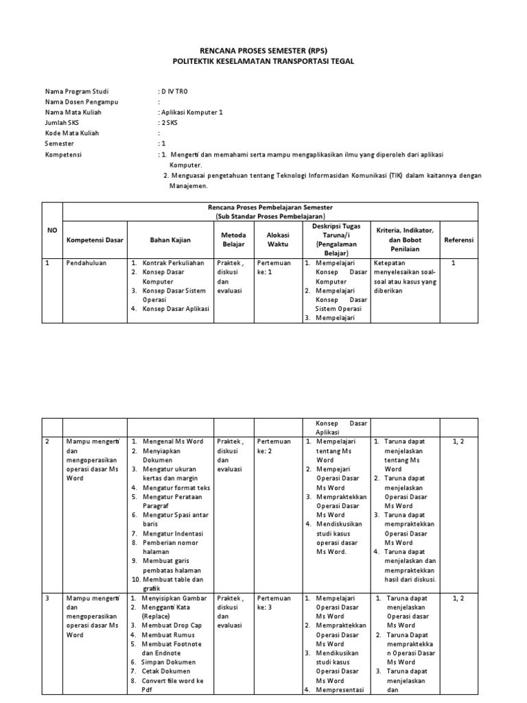 RPS Aplikasi Komputer 1 TRO A | PDF