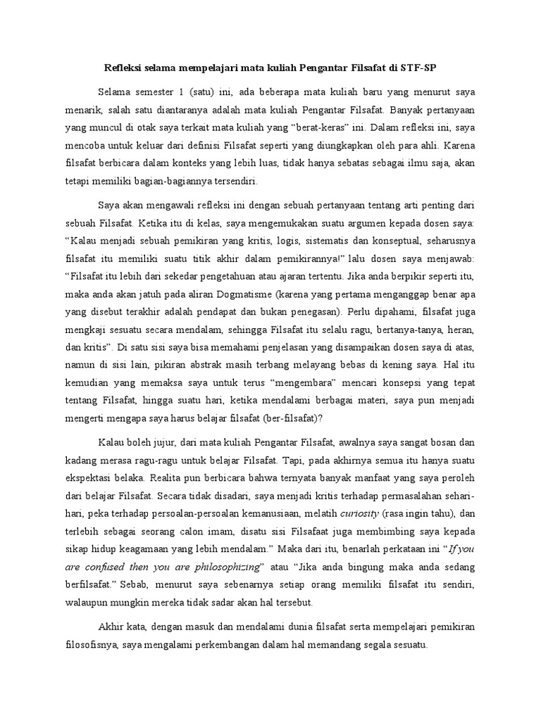 Refleksi Selama Mempelajari Mata Kuliah Pengantar Filsafat Di STF | PDF