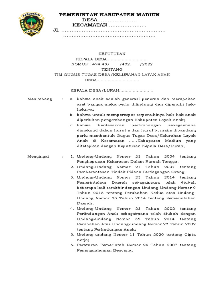 CONTOH SK Gugus Tugas Desa Layak Anak | PDF