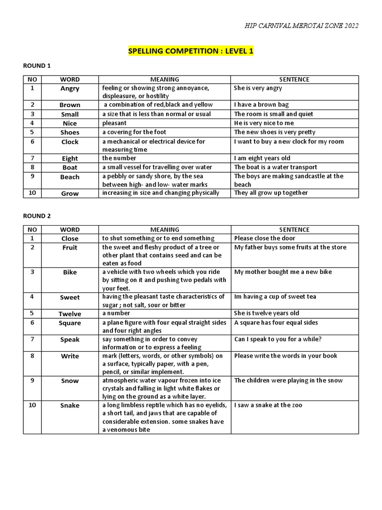 Level 1 Spelling Competition Words | PDF | Elephant | Rectangle