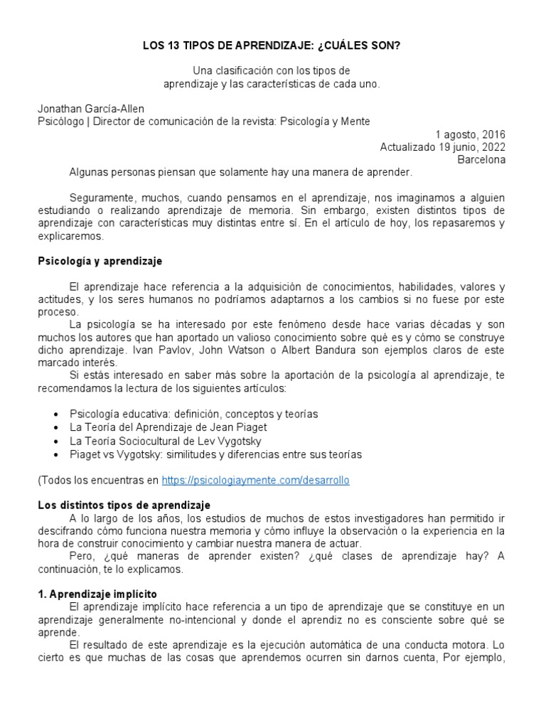 Los 13 Tipos de Aprendizaje | Descargar gratis PDF | Aprendizaje | Sicología
