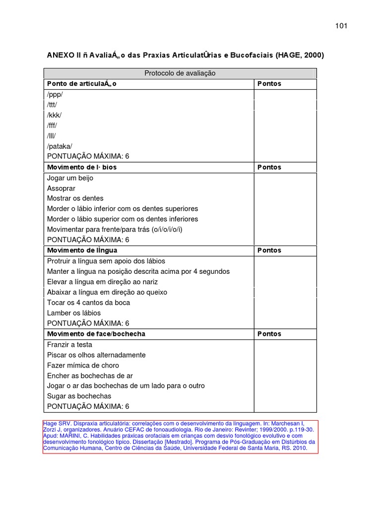 Avaliação das Praxias Orofaciais HAGE | PDF