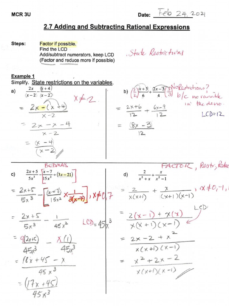 2 7 Adding And Subtracting Rational Expressions Completed Notes Pdf