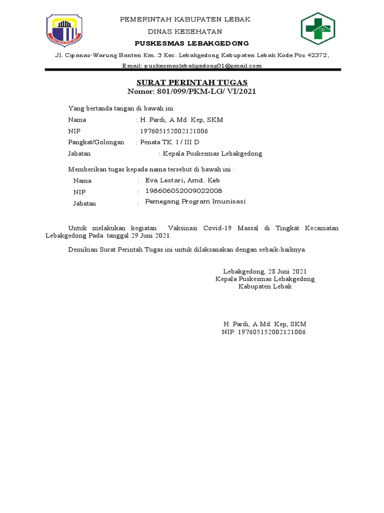 Surat Tugas Vaksinasi MASSAL 29JUNI | PDF