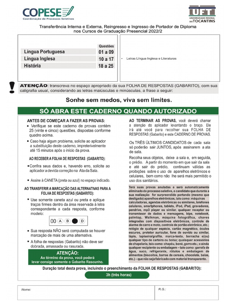 Prova Extravestibular Uft 2022.2 Letras | PDF | Assunto (gramática ...