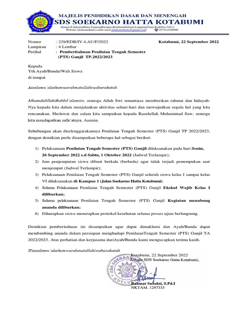 Surat Edaran Pemberitahuan Penilaian Tengah Semester 2022 PDF | PDF