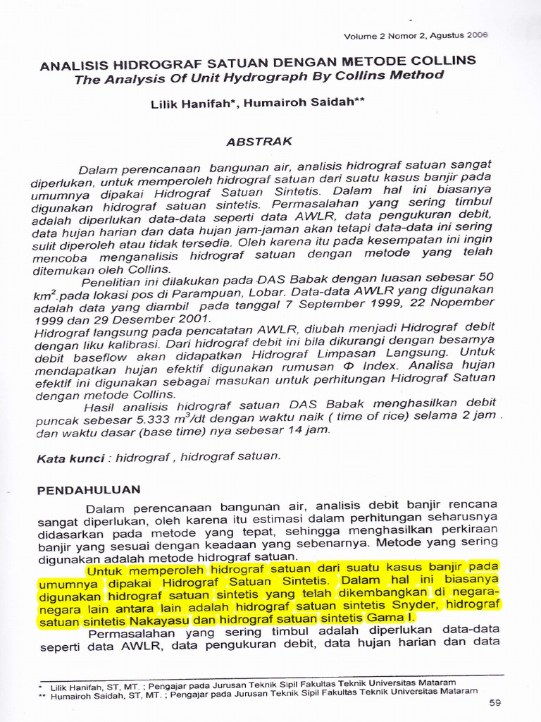 Analisis Hidrograf Satuan Dengan Metode Collins | PDF