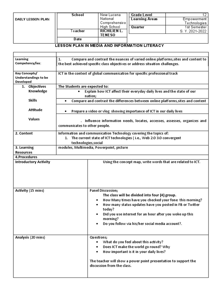 Etech LP 1 | PDF | Educational Technology | Lesson Plan