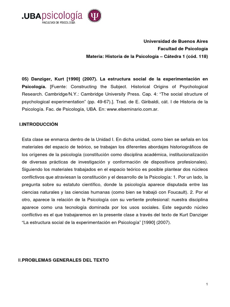 Practicos Clase 02 Danziger Estructura Social Experimento | PDF | Sicología | Conocimiento