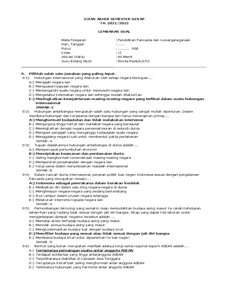 PAS PKN XI Genap 2022 Kriteria Cabdin | PDF