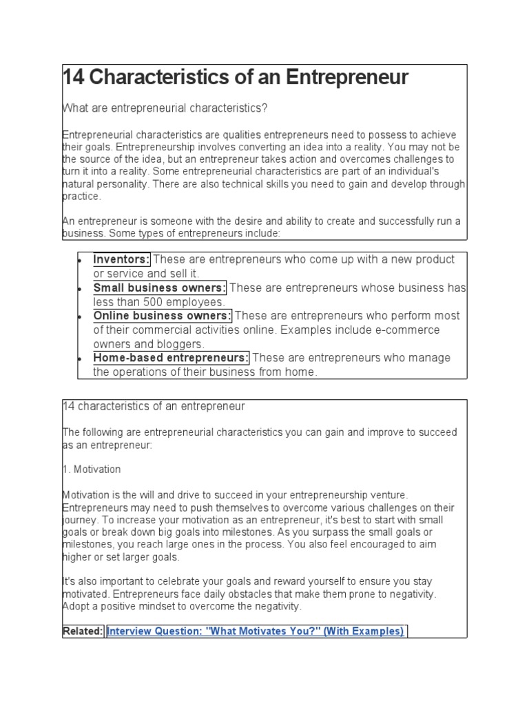 14 Characteristics of An Entrepreneur | PDF | Entrepreneurship | Goal