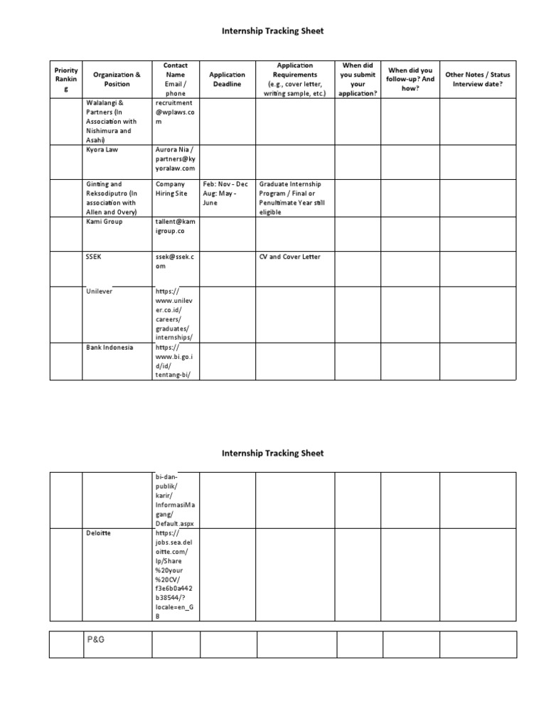 (Format) Student Internship Search Tracking Sheet | PDF