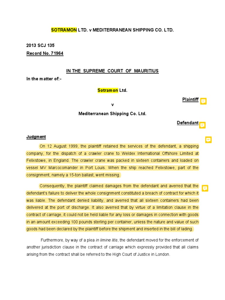 Sotramon LTD V Mediterranean Shipping Co LTD 2013 SCJ 135 | PDF | Tort ...