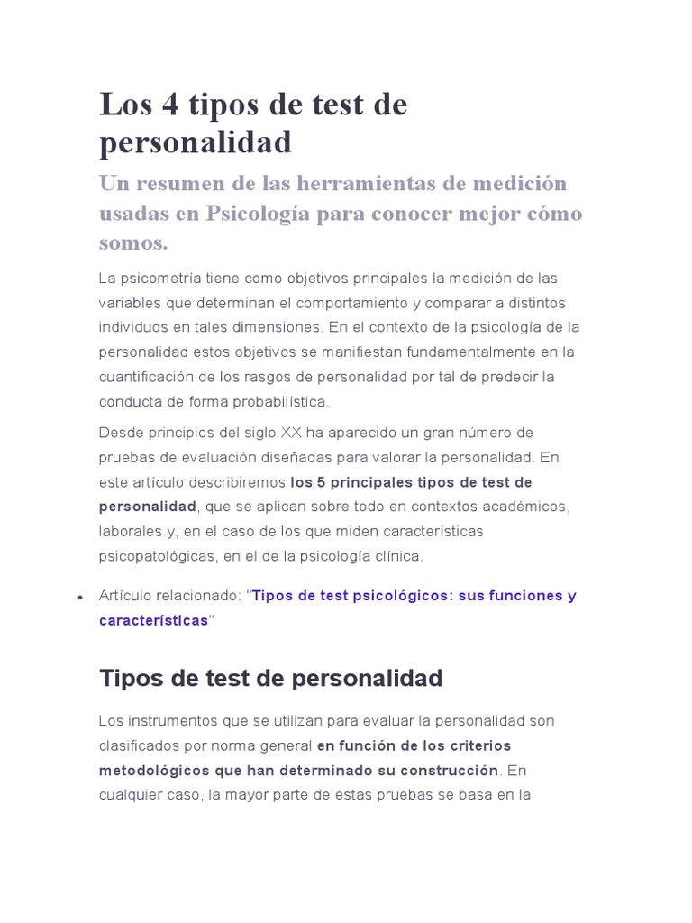 4 Tipos de Test de Personalidad | Descargar gratis PDF | Sicología ...
