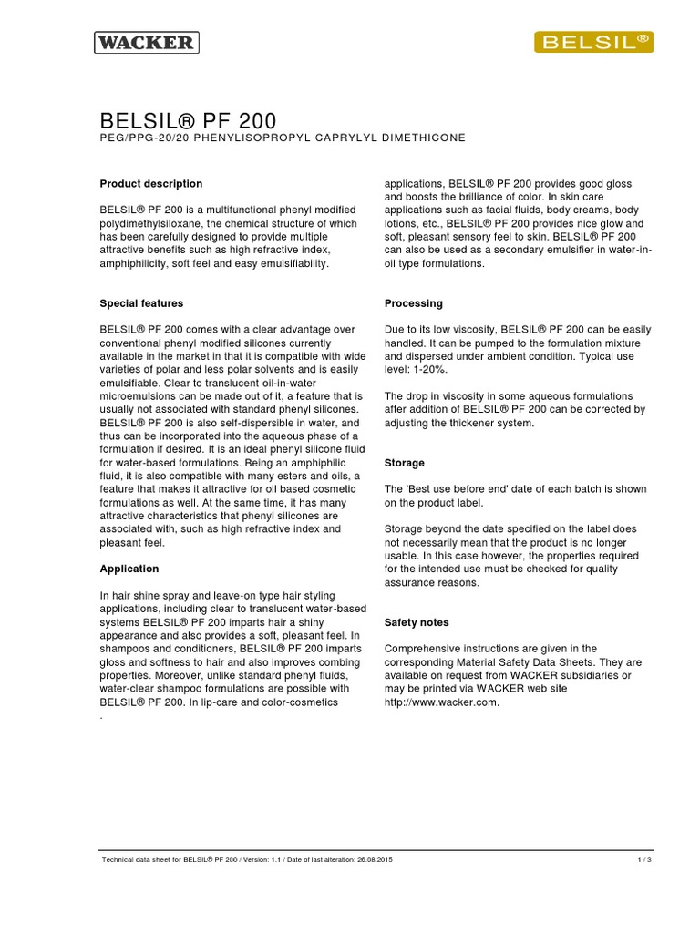 belsil_pf_200_pds | PDF | Emulsion | Chemistry