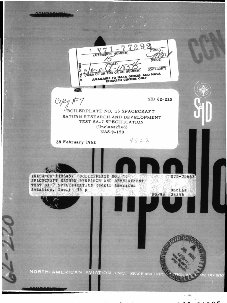 Boilerplate No. 16 Spacecraft Saturn Research and Development Test SA-7 ...