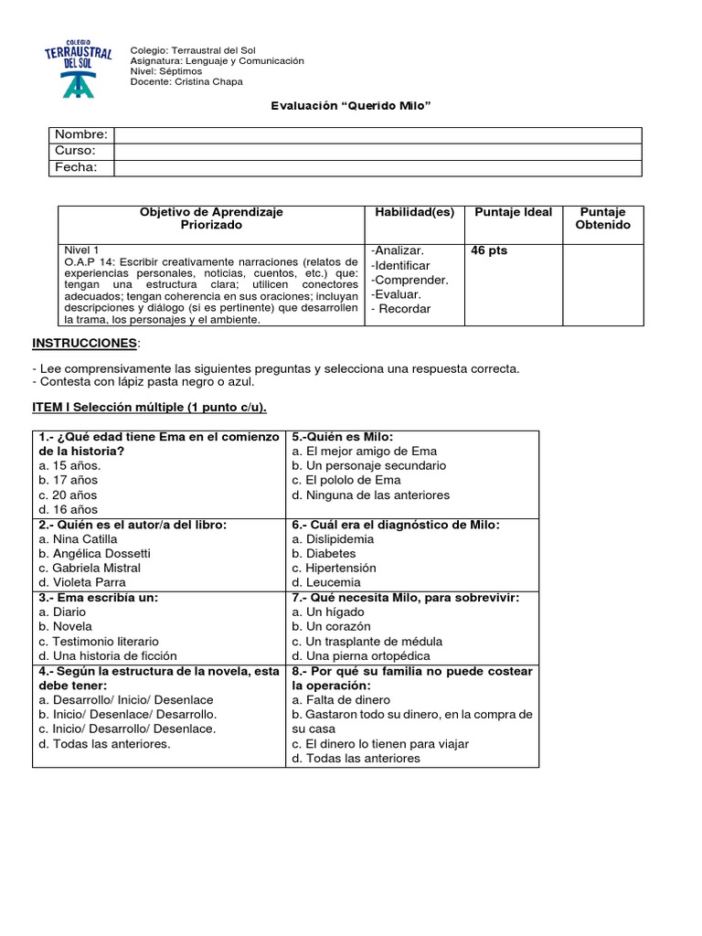 Evaluación QUERIDO MILO | PDF | Medicina CLINICA | Enfermedades y ...
