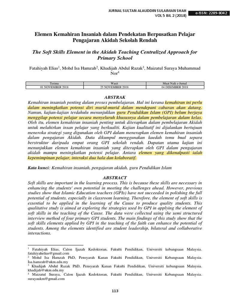 Elemen Kemahiran Insaniah Dalam Pendekatan Berpusatkan Pelajar Pengajaran Akidah Sekolah Rendah ...