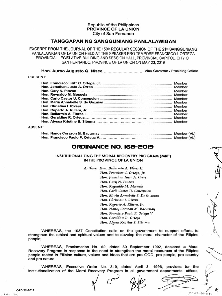 Ordinance 168 2019 Moral Recovery Program | PDF