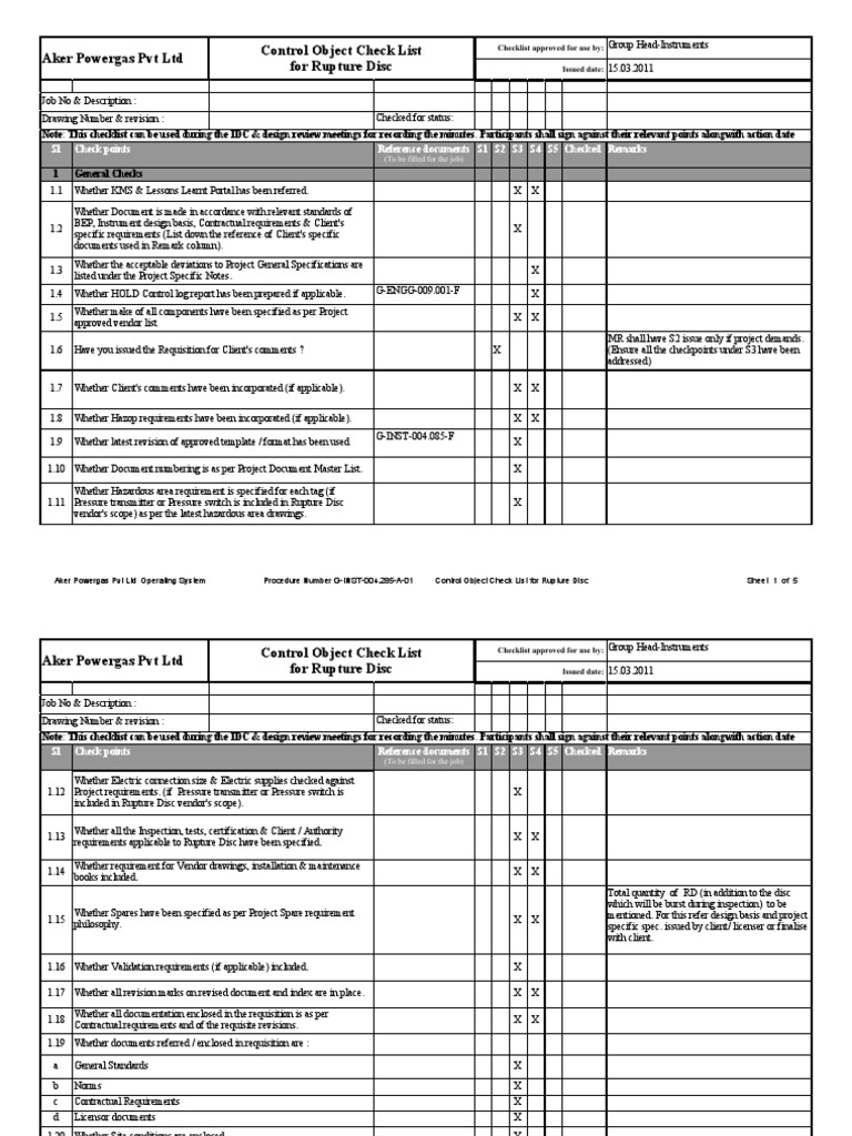 Checklist For Rupture Disc | PDF | Manufactured Goods | Equipment
