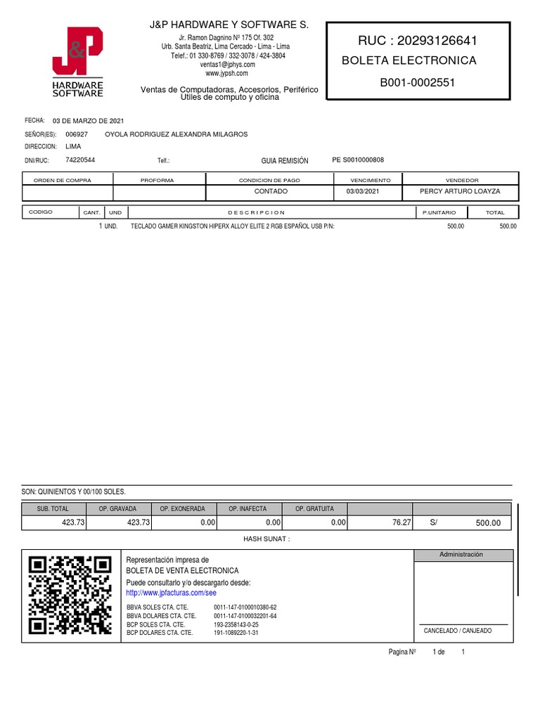 Boleta Electronica: J&P Hardware Y Software S | PDF