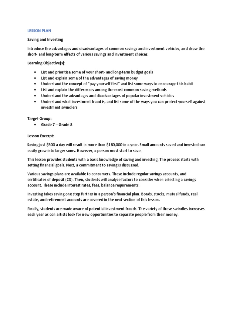 LESSON PLAN 7 - Saving and Investing | PDF | Stocks | Bonds (Finance)