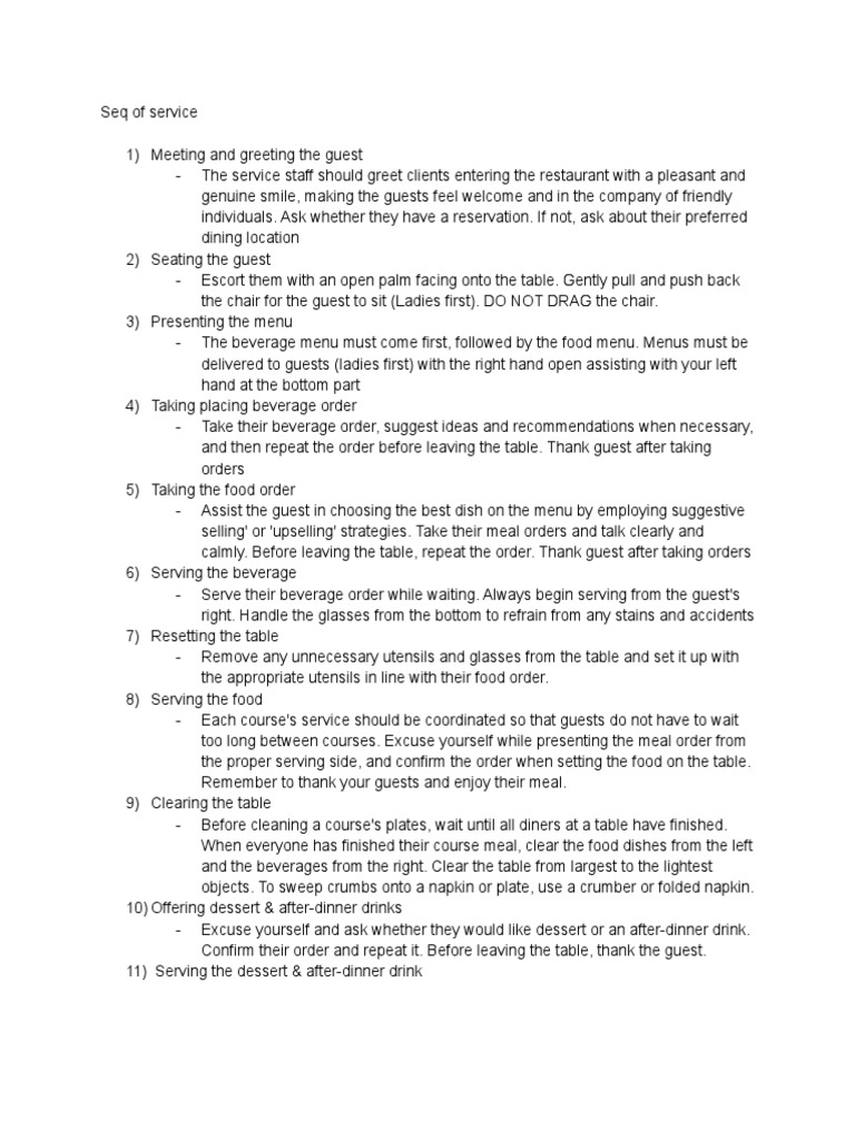 Sequence of Service | PDF | Menu | Restaurants