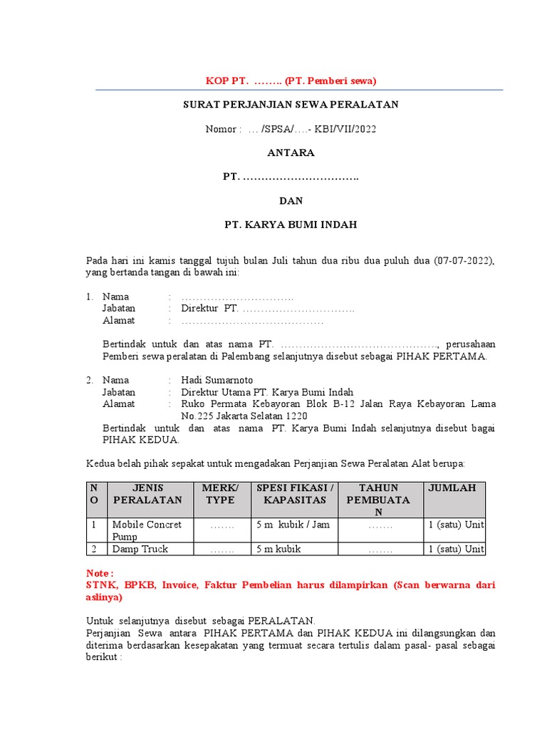 Surat Perjanjian Sewa Alat | PDF