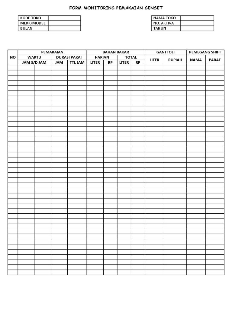 Form Monitoring Pemakaian Genset | PDF