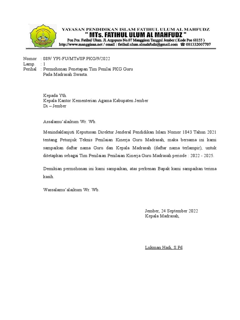 Contoh Surat Permohonan TIM Penilaian PKG | PDF