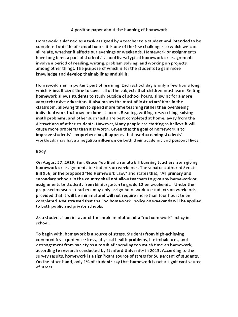 A Position Paper About The Banning of Homework | PDF | Homework | Schools