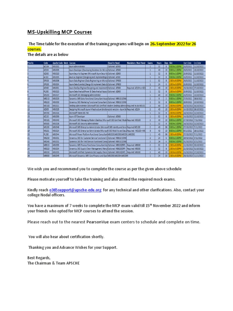MCP Courses Schedule | PDF