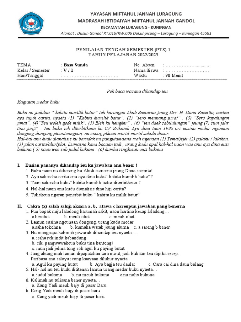 Soal PTS Bahasa Sunda Kelas 5 Sem 1 | PDF