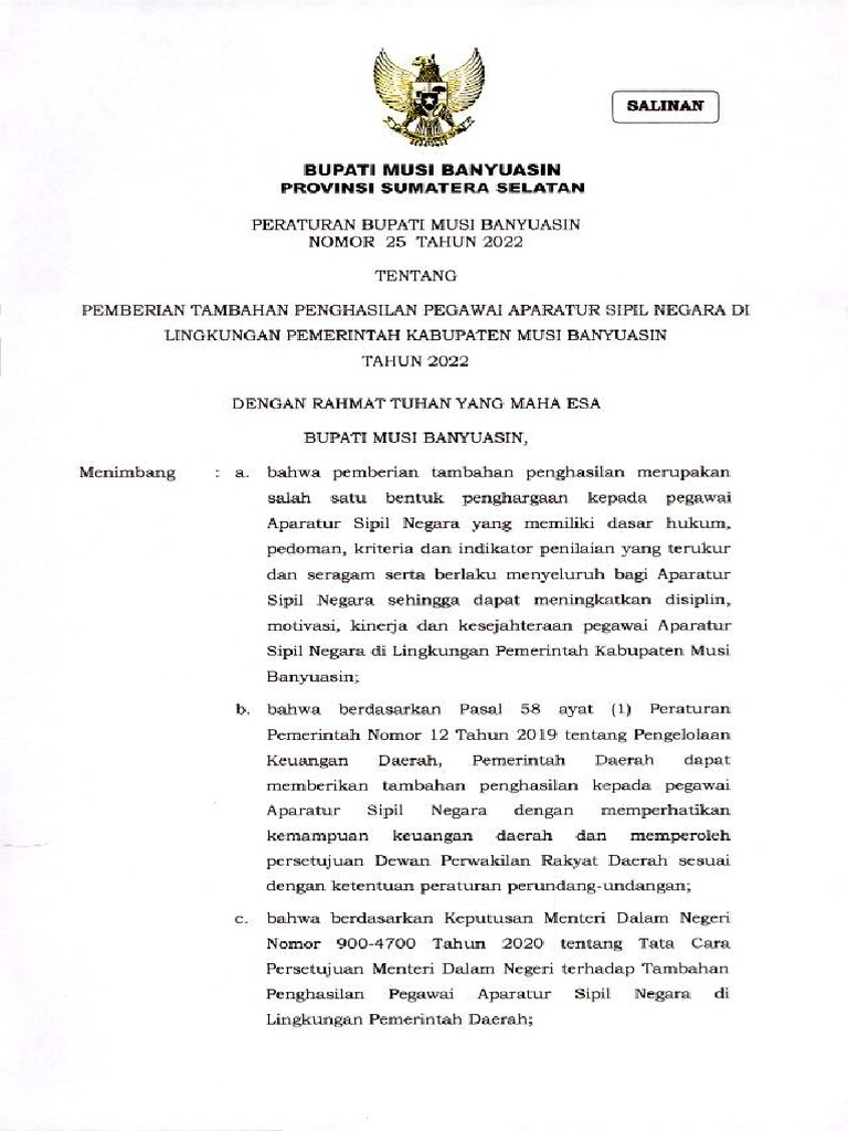 NOMOR 25-PEMBERIAN TAMBAHAN PENGHASILAN PEGAWAl APARATUR SIPIL NEGARA DI LINGKUNGAN PEMERINTAH ...