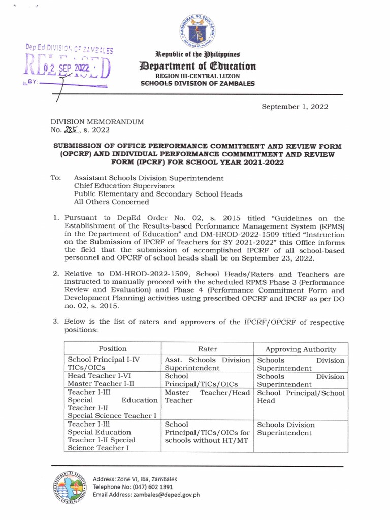 DM No. 285, S. 2022 - Submission of Office Performance Commitment and ...