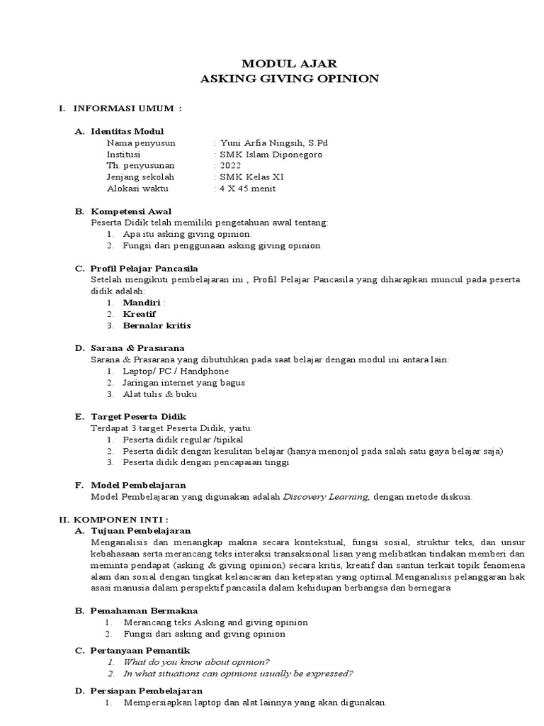 Modul Asking & Giving Opinions TTD | PDF