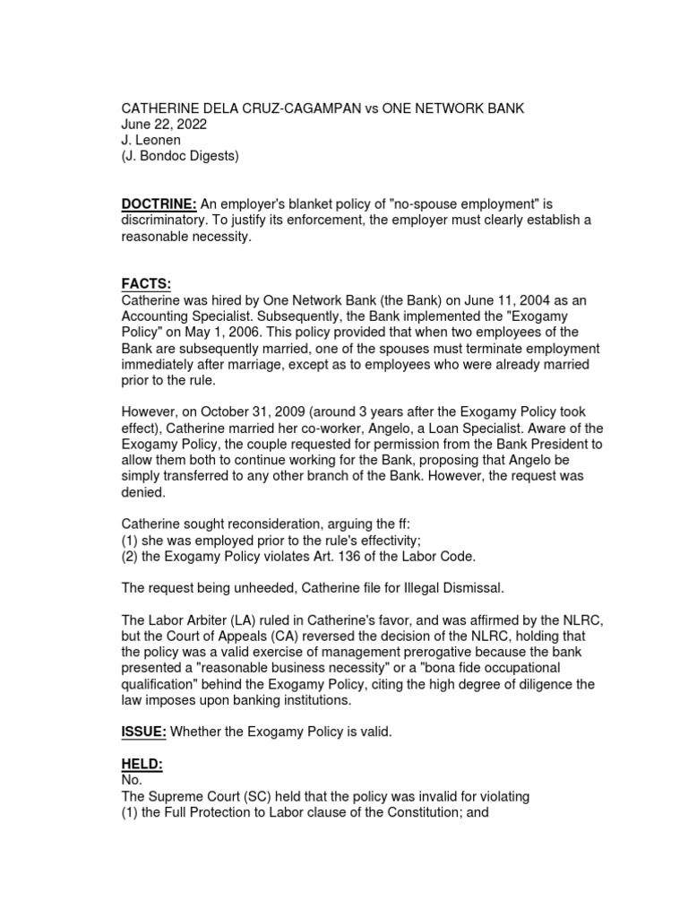 CATHERINE DELA CRUZ Vs ONE NETWORK BANKING | PDF | Employment | Government