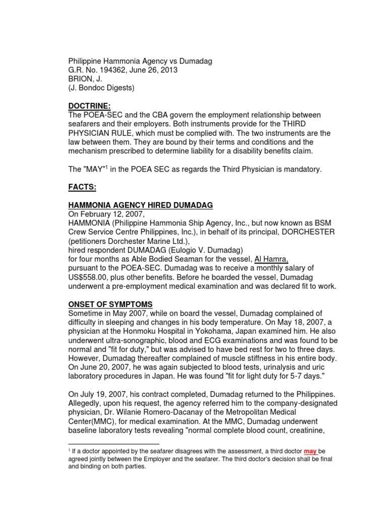 Philippine Hammonia Agency Vs Dumadag | PDF | Major Depressive Disorder | Complaint