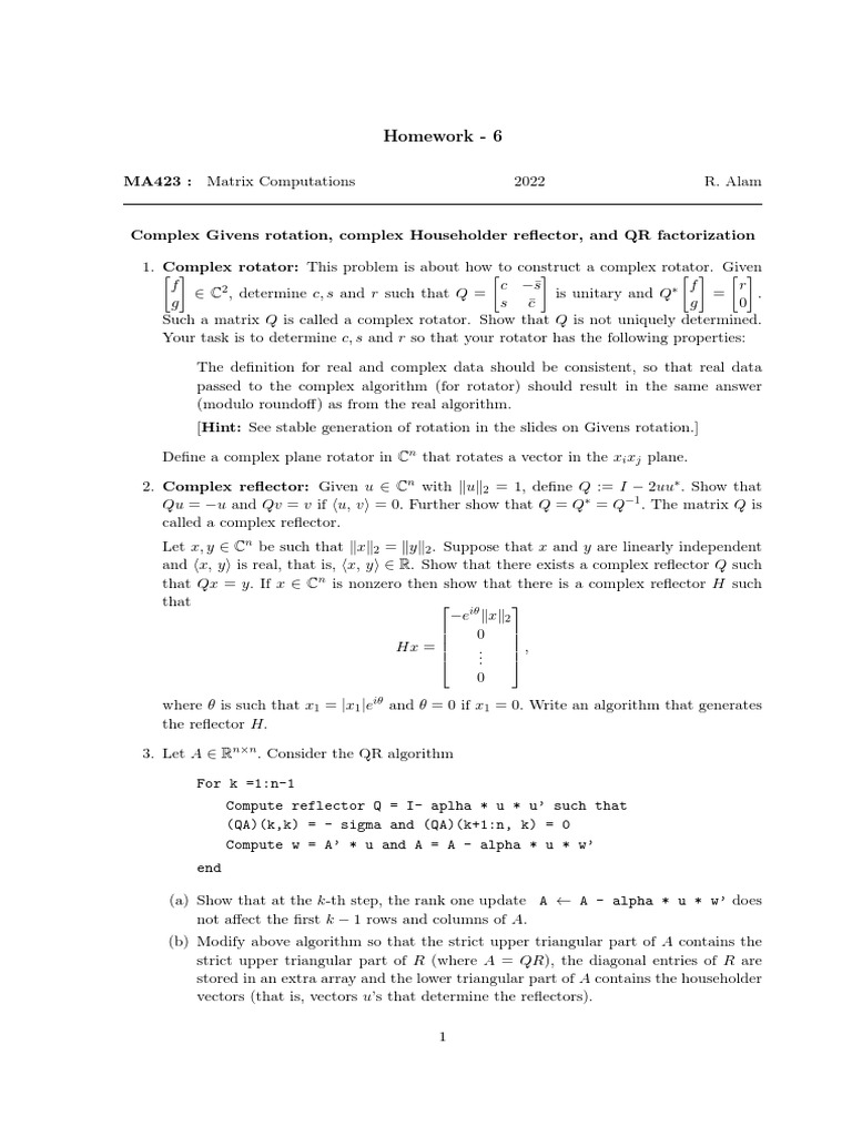 Algorithms and Properties for Complex Givens Rotations, Householder Reflectors, and QR ...