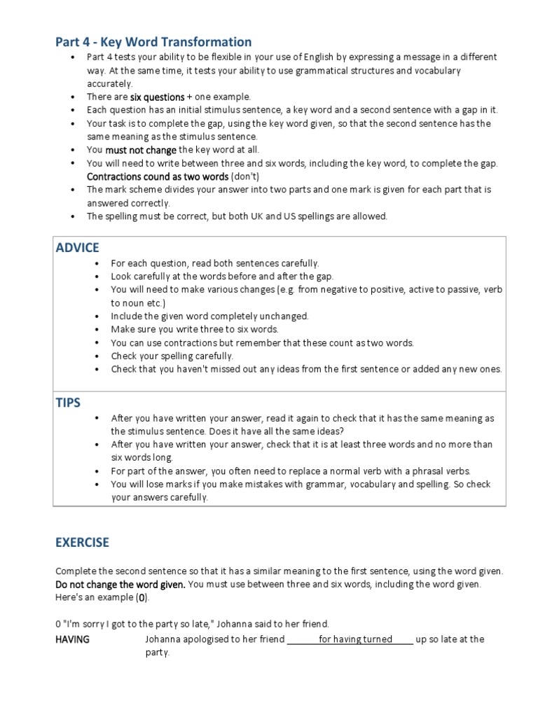C1 Advanced Part 4 Multiple Exercises + Tips | PDF | Word | Sentence ...