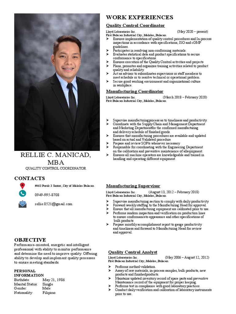 Rellie Dela Cruz Manicad, MBA | PDF | Specification (Technical Standard) | Verification And ...