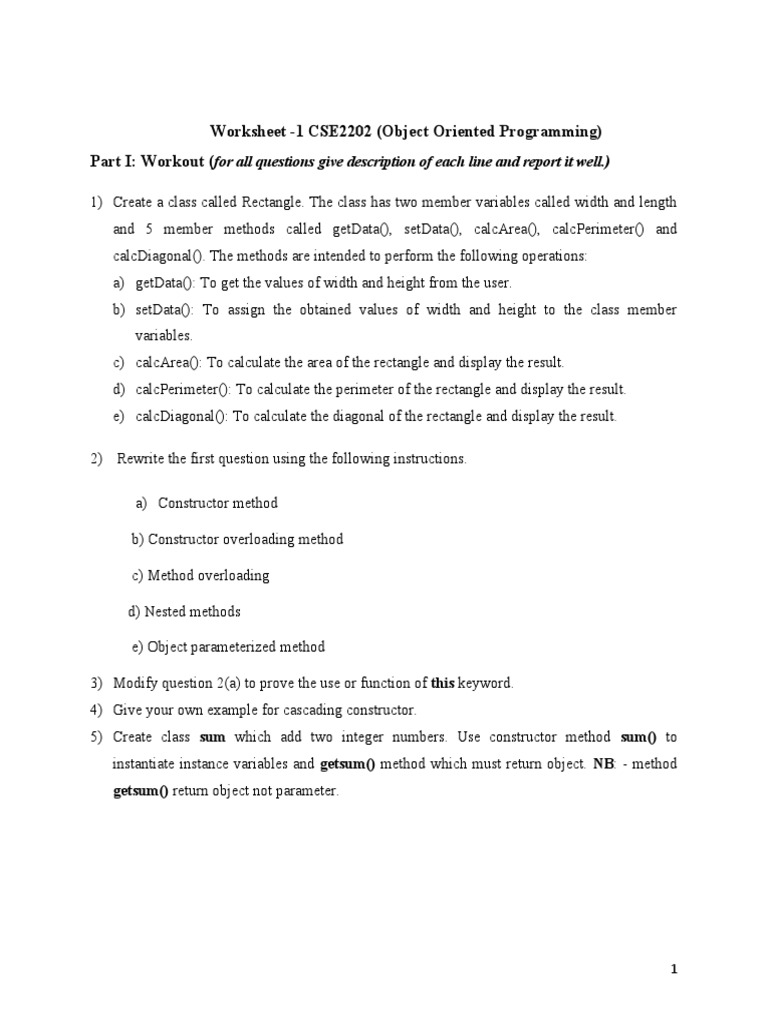 CSE2202 Worksheet1&2 | PDF | Method (Computer Programming) | Constructor (Object Oriented ...