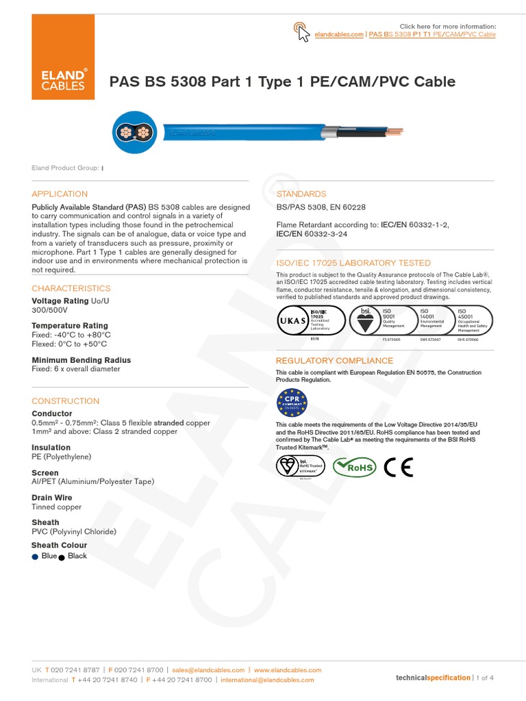 Pas Bs 5308 Part 1 Type 1 Pe Cam PVC Instrumentation Cable | PDF | Laboratories | Polyvinyl Chloride