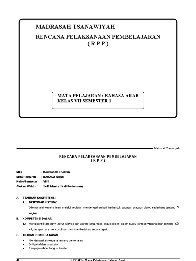 RPP Bahasa Arab Kls VII | PDF